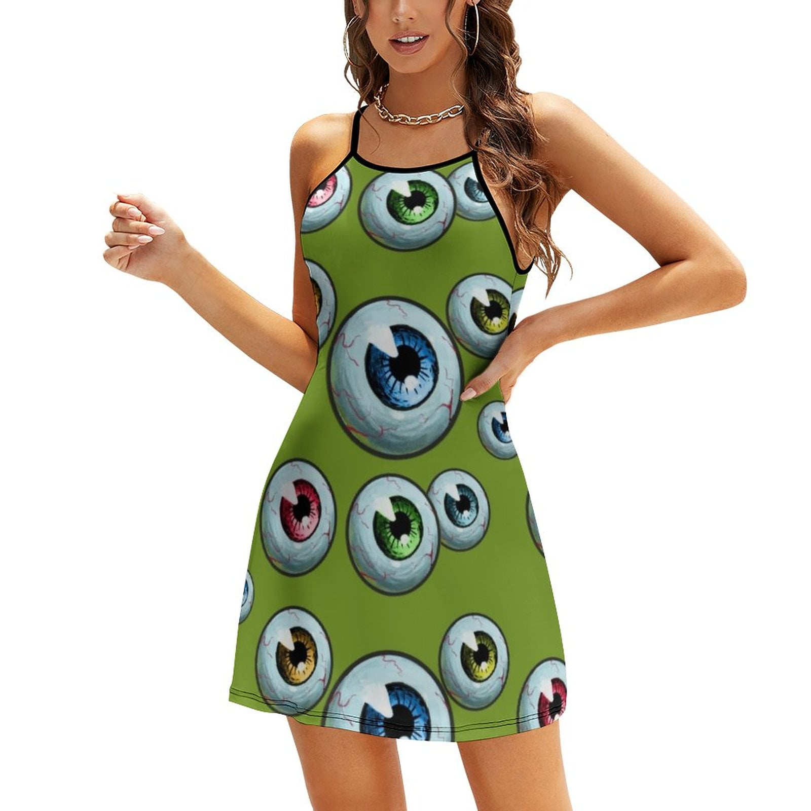 Eyeball Square Neck Dress Cute Loose Print Dresses Elegant Beach Party ...