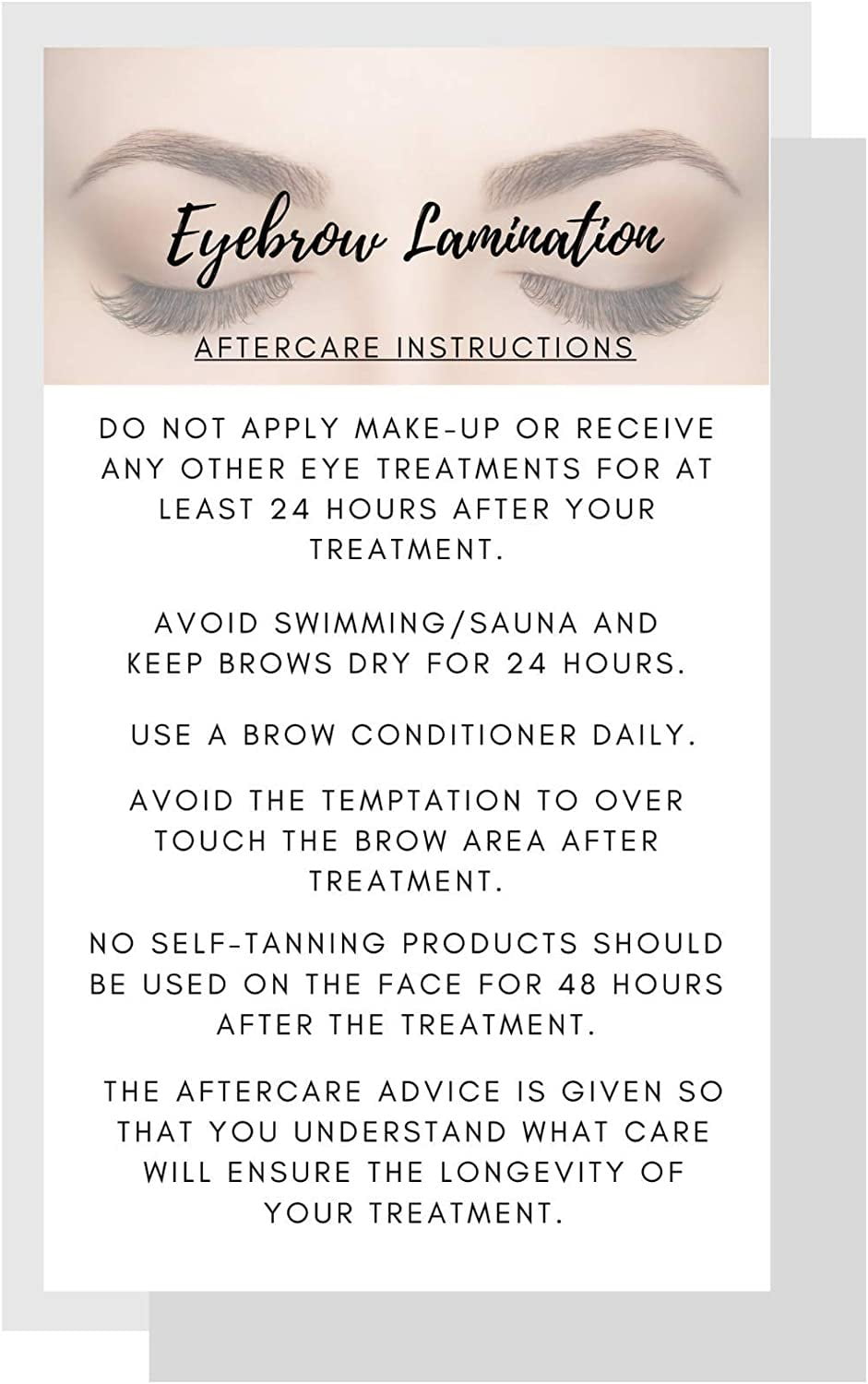 Eyebrow Lamination Aftercare Instruction Cards Physical Printed 2 x 3.5 ...