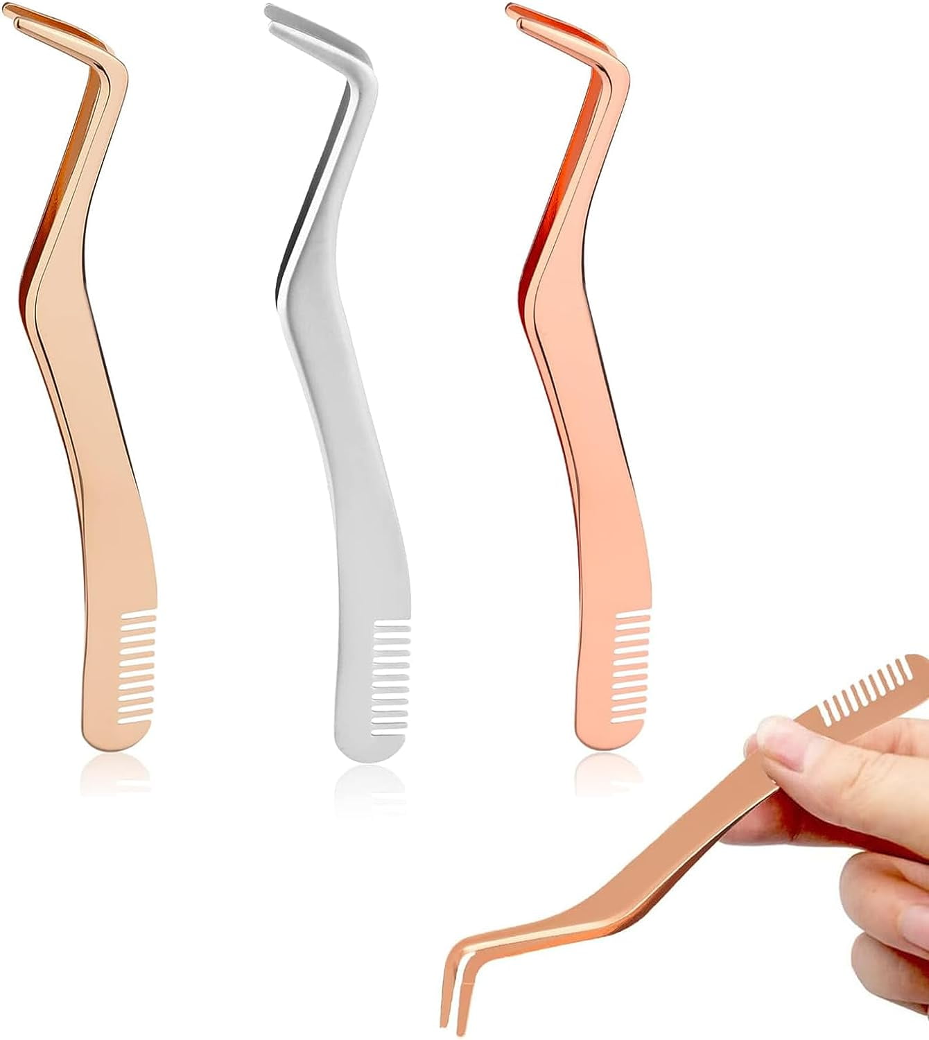 Eyelash Tweezers for Extensions,3pcs Stainless Steel Lash Extension Tweezers with Comb,Curved ...