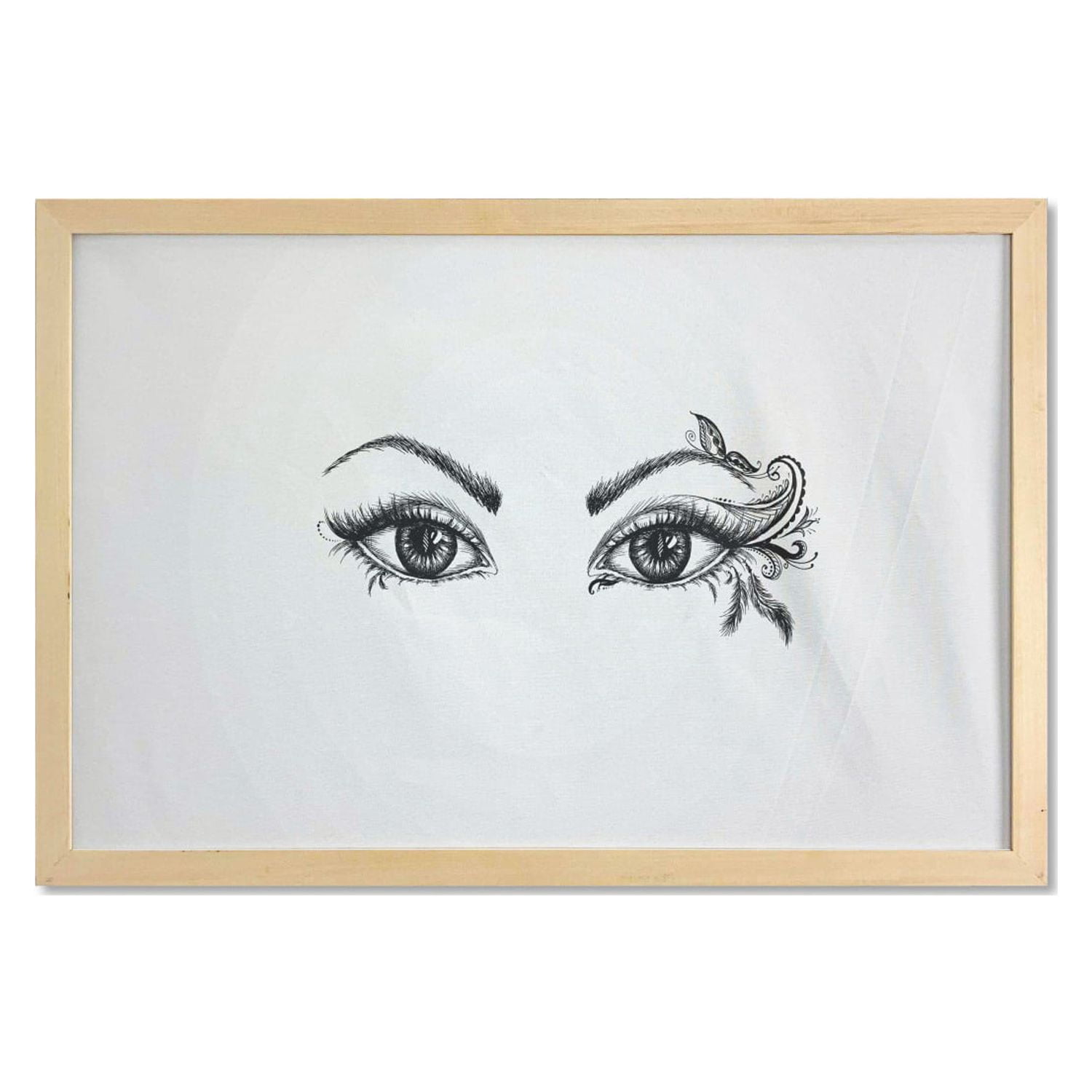 Eyelash Wall Art with Frame, Monochrome Drawing of Young Woman Eyes ...