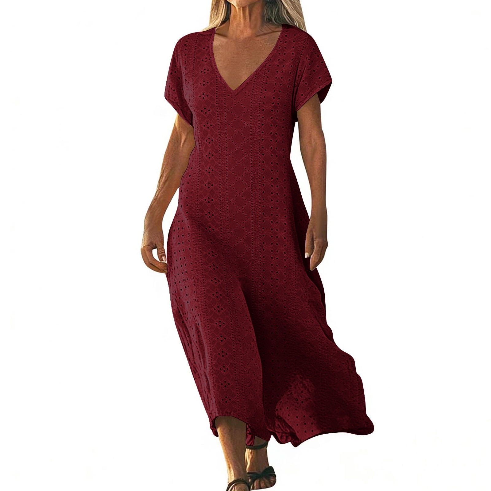 Eyelet Dress for Women V Neck Short Sleeve Casual Flowy Dresses Loose ...