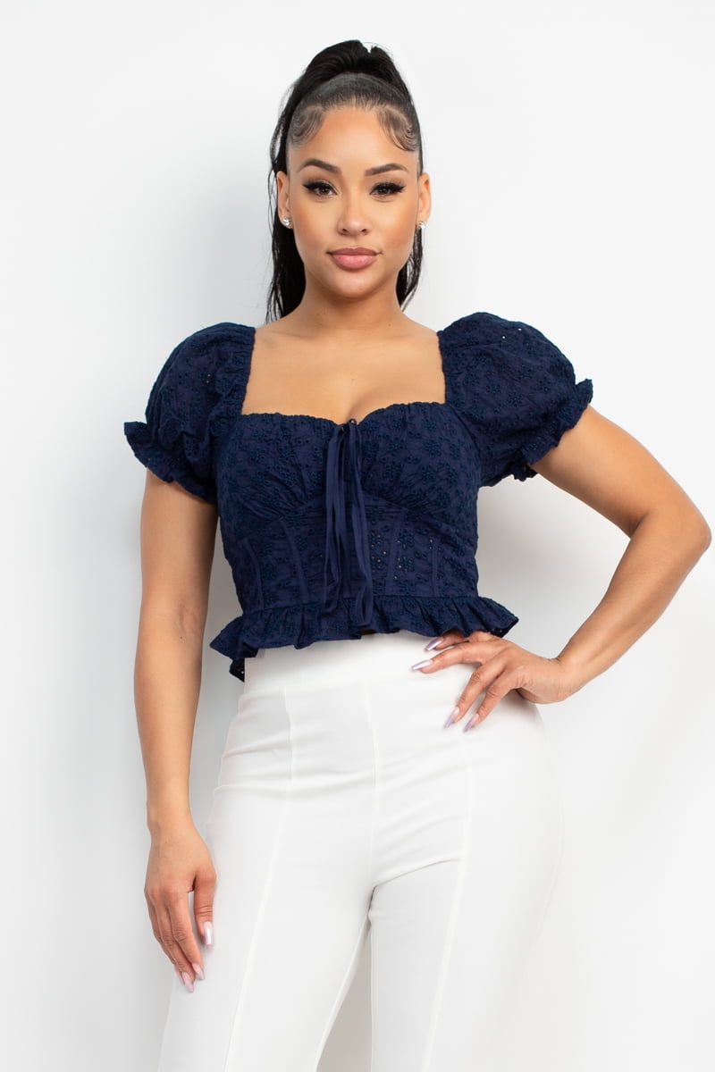 Eyelet Embroidered Smock Top Navy L - Walmart.com