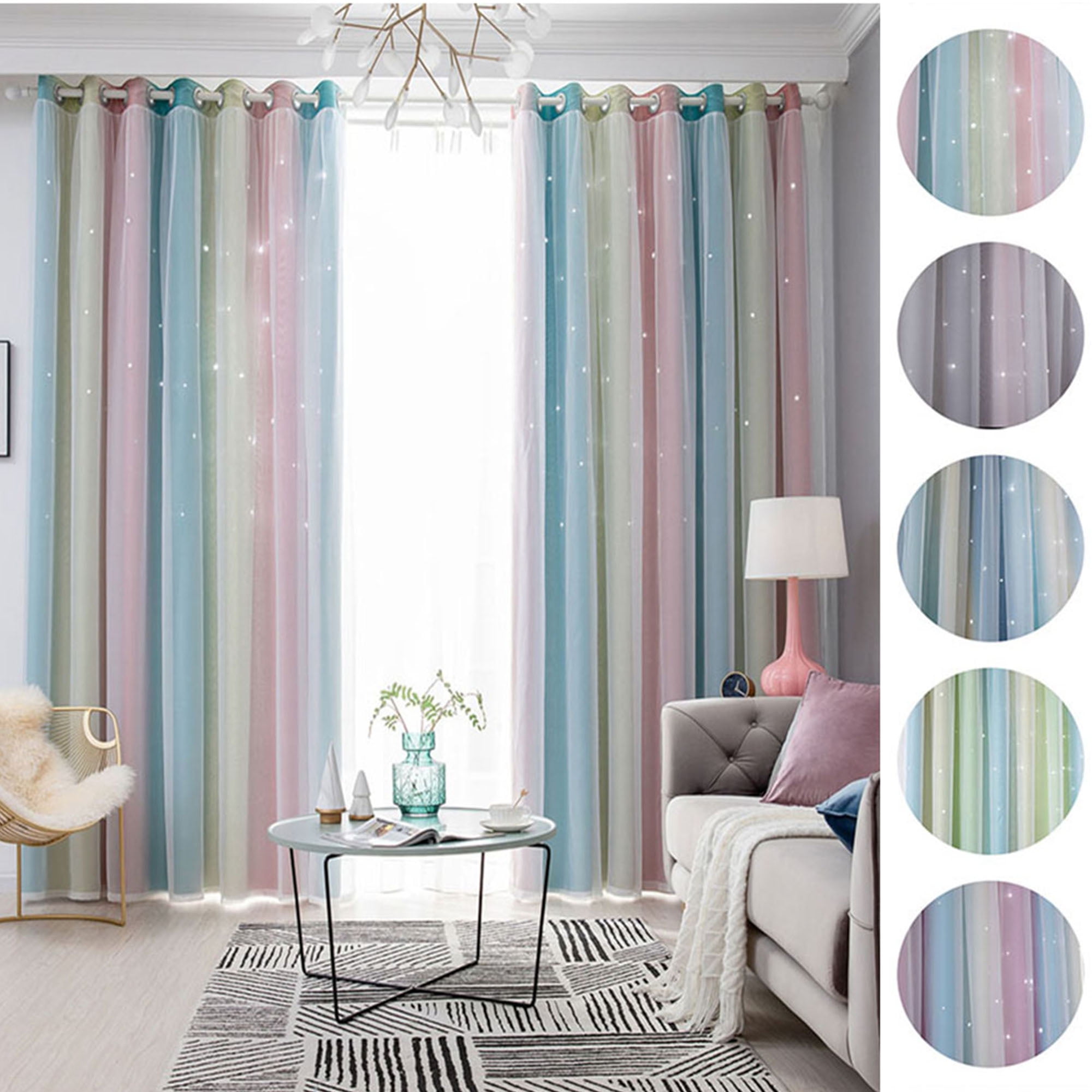 Eyelet Gradient 2 Layer Blackout Curtains + Mesh Starry Hollow-Out ...