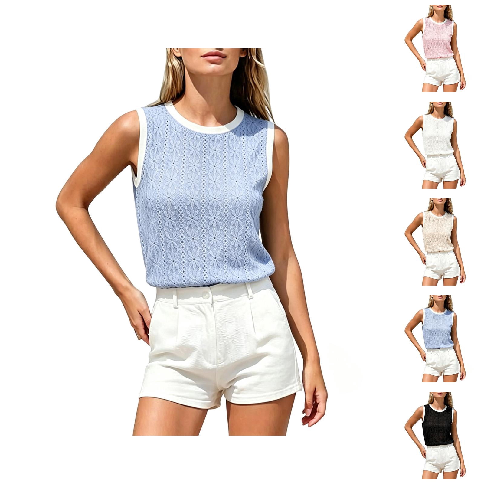 Eyelet Tank Tops for Women Casual Crewneck Sleeveless Summer Tops Color ...