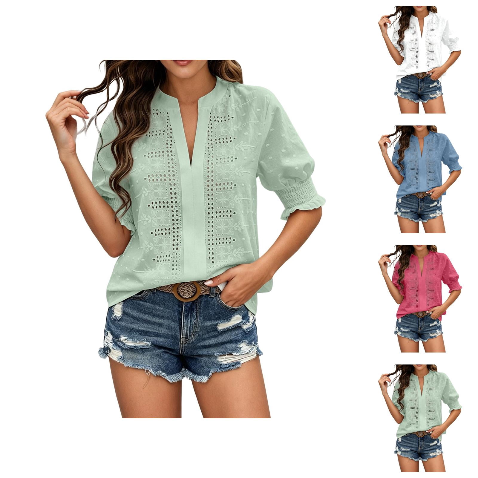 Eyelet Tops for Women 2026 Summer Puff Short Sleeve V Neck Loose Dressy ...