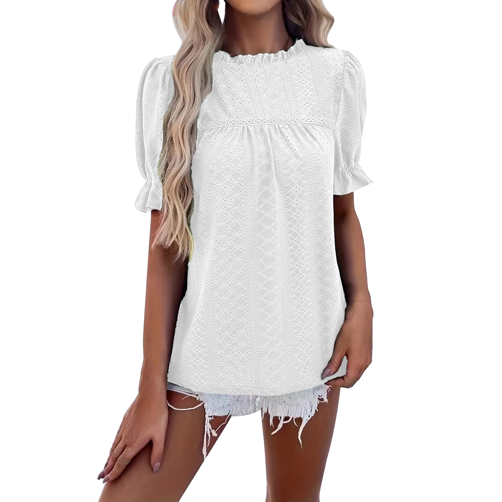 Eyelet Tops for Women Cute Ruffled Puff Sleeve Dressy Shirt Crew Neck ...