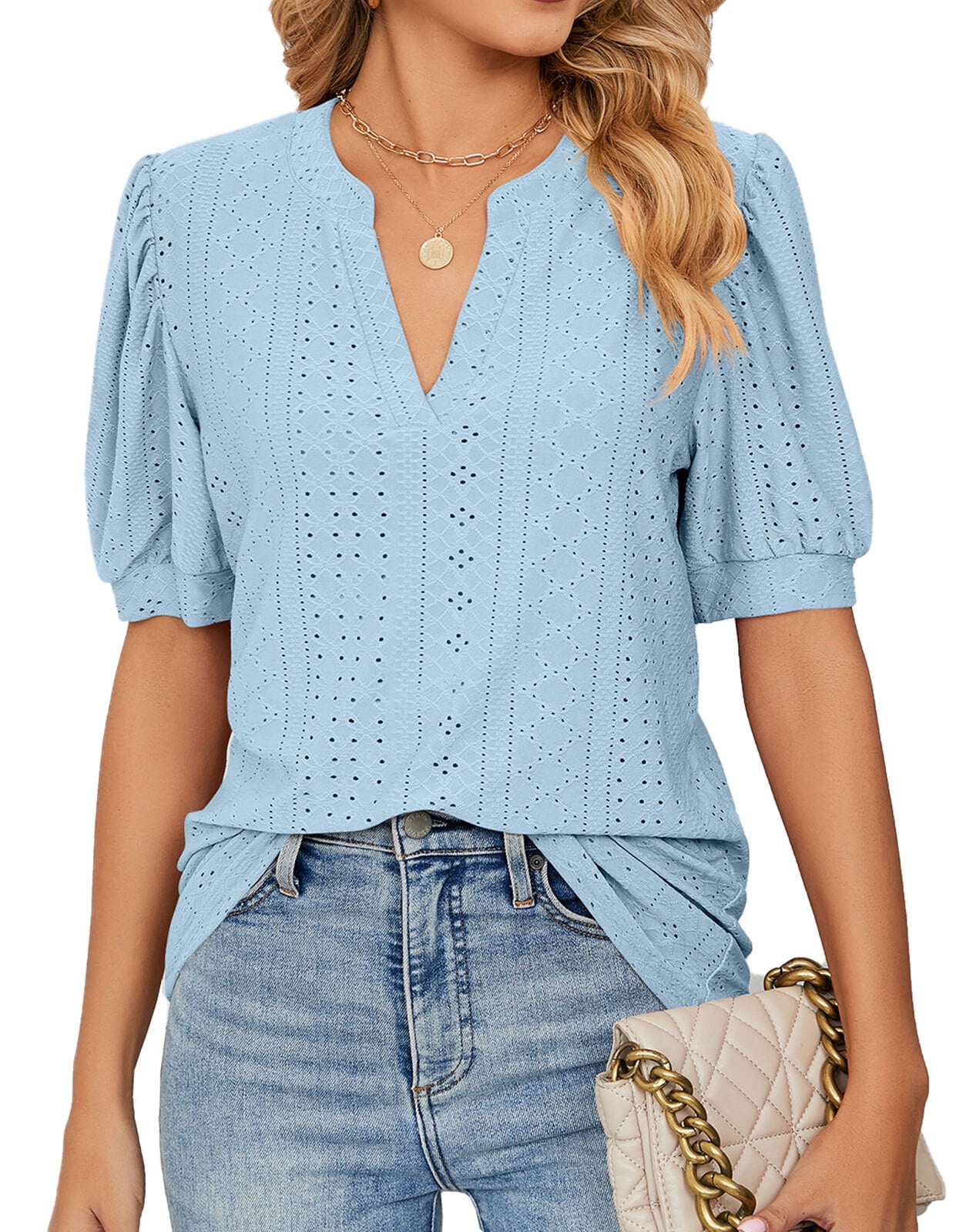 Eyelet Tops for Women Summer 2025 Notch V-Neck Cute Puff Sleeve Eyelet ...