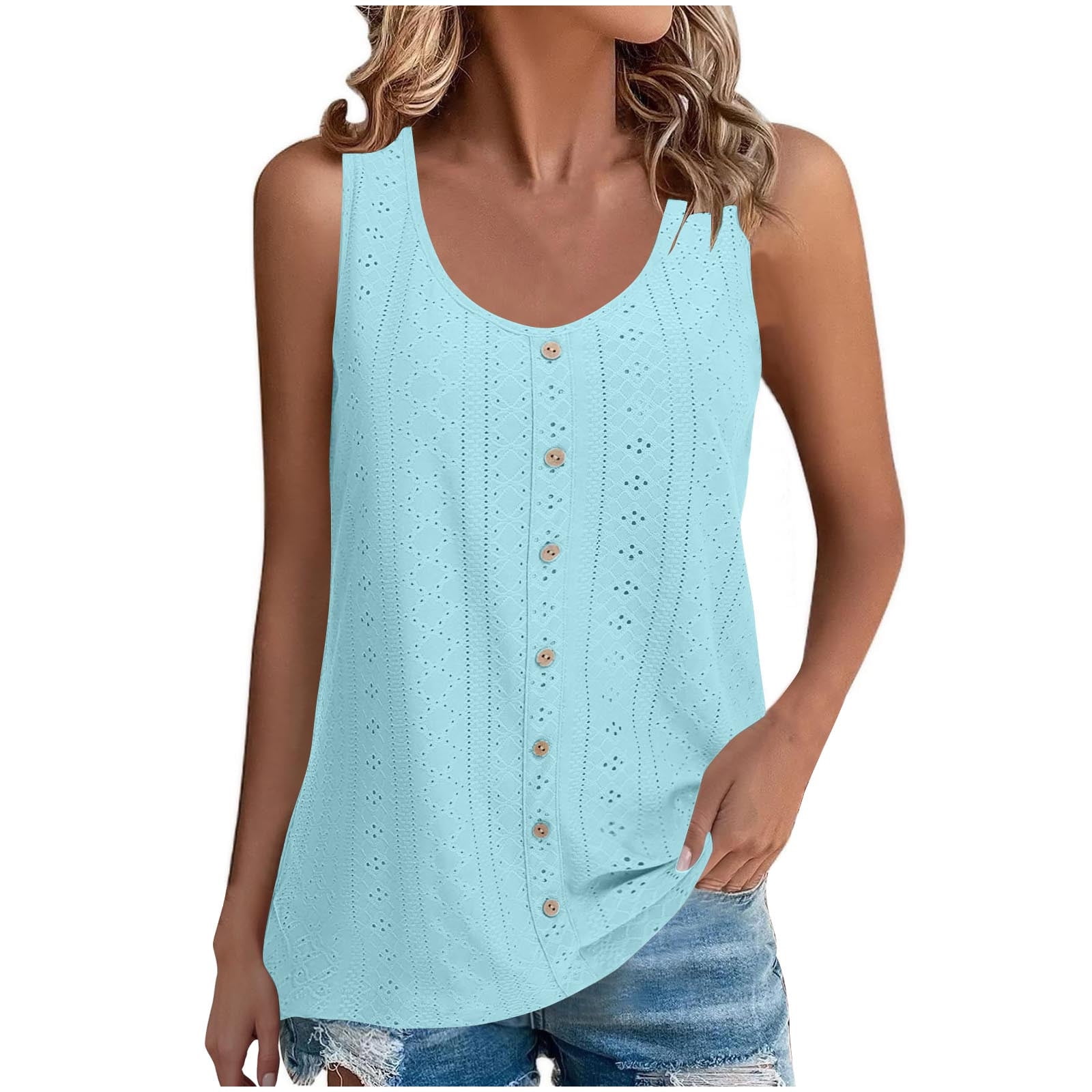 Eyelet Tunic Top for Women U Neck Sleeveless Shirts Button Down ...
