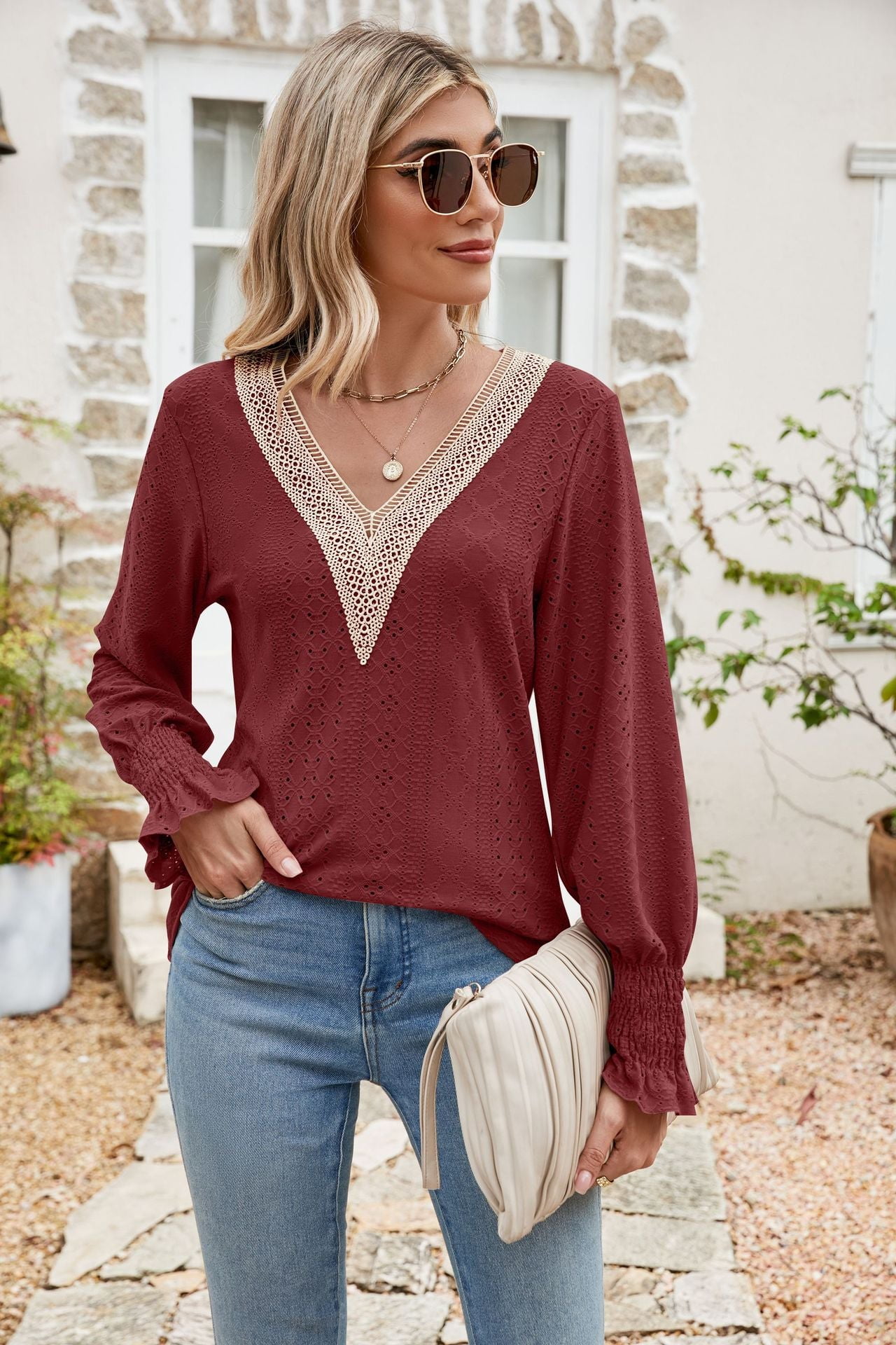 Eyelet V-Neck Smocked Flounce Sleeve Blouse - Walmart.com