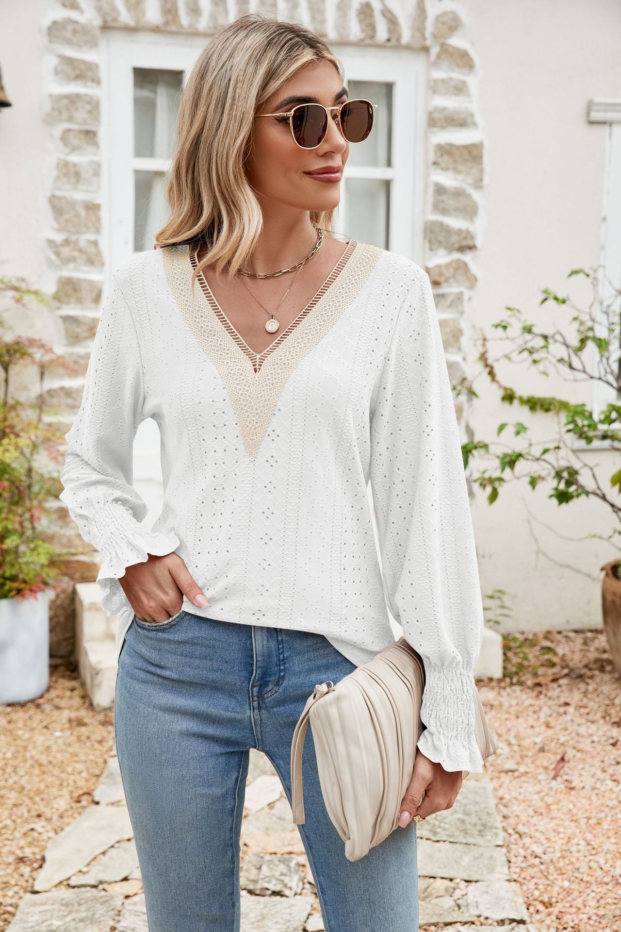 Eyelet V-Neck Smocked Flounce Sleeve Blouse - Walmart.com