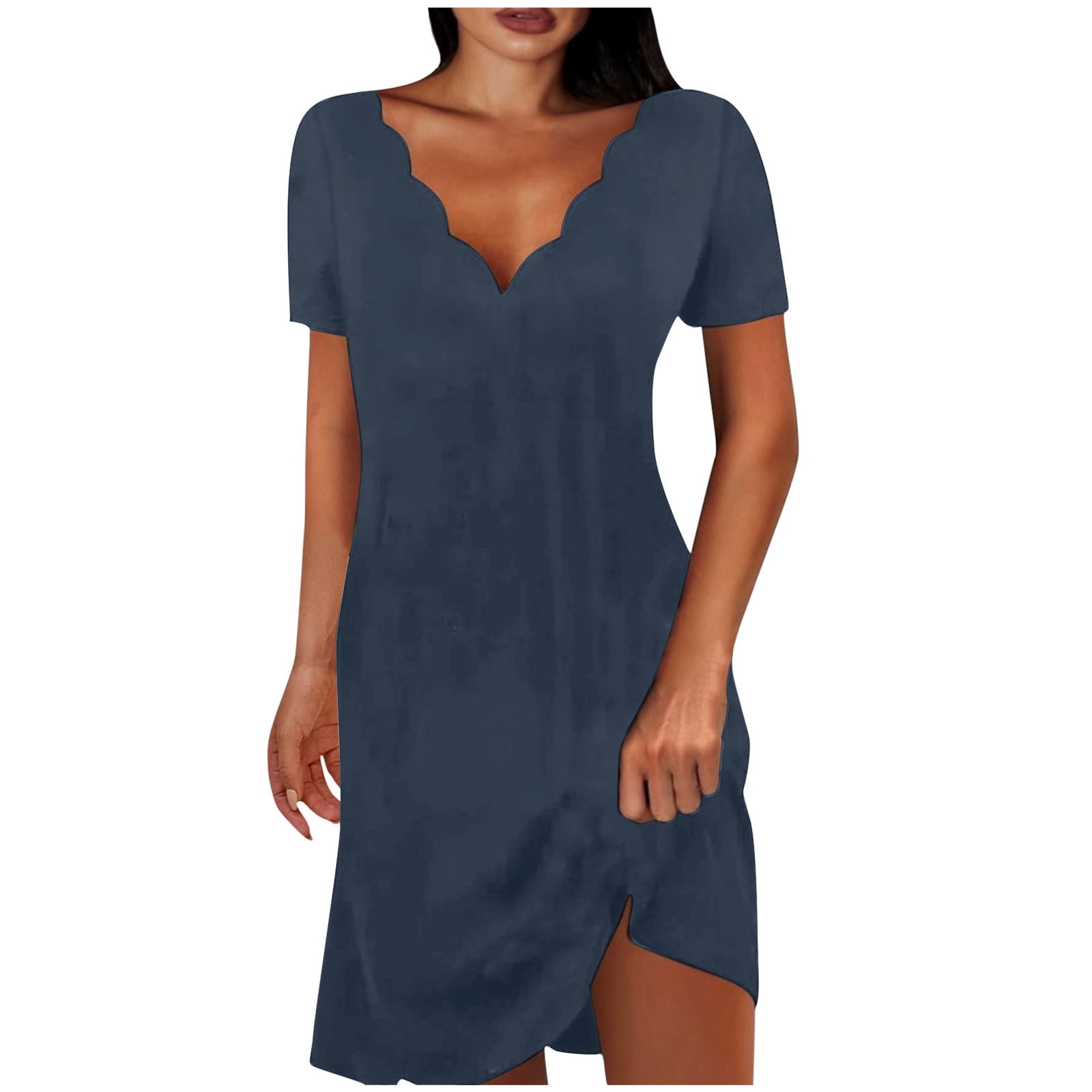 Eyelets Dresses for Women Summer Scallop V Neck Short Sleeve A Line ...