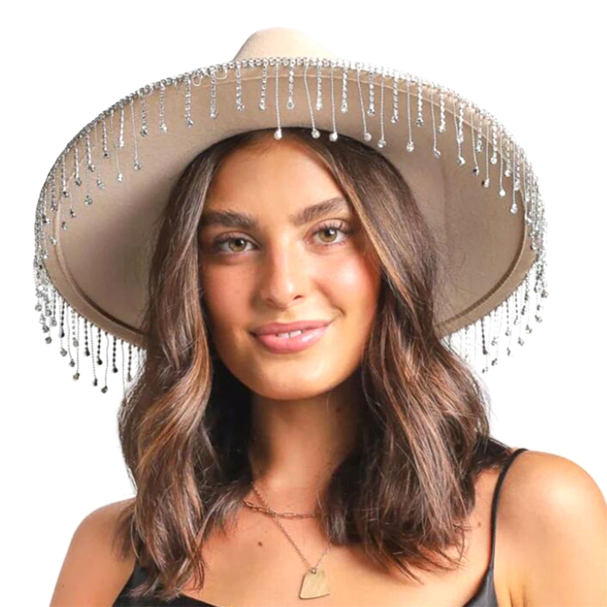Eyicmarn Women Cowboy Hat, Wide Brim Rhinestone Tasseled Western Large ...