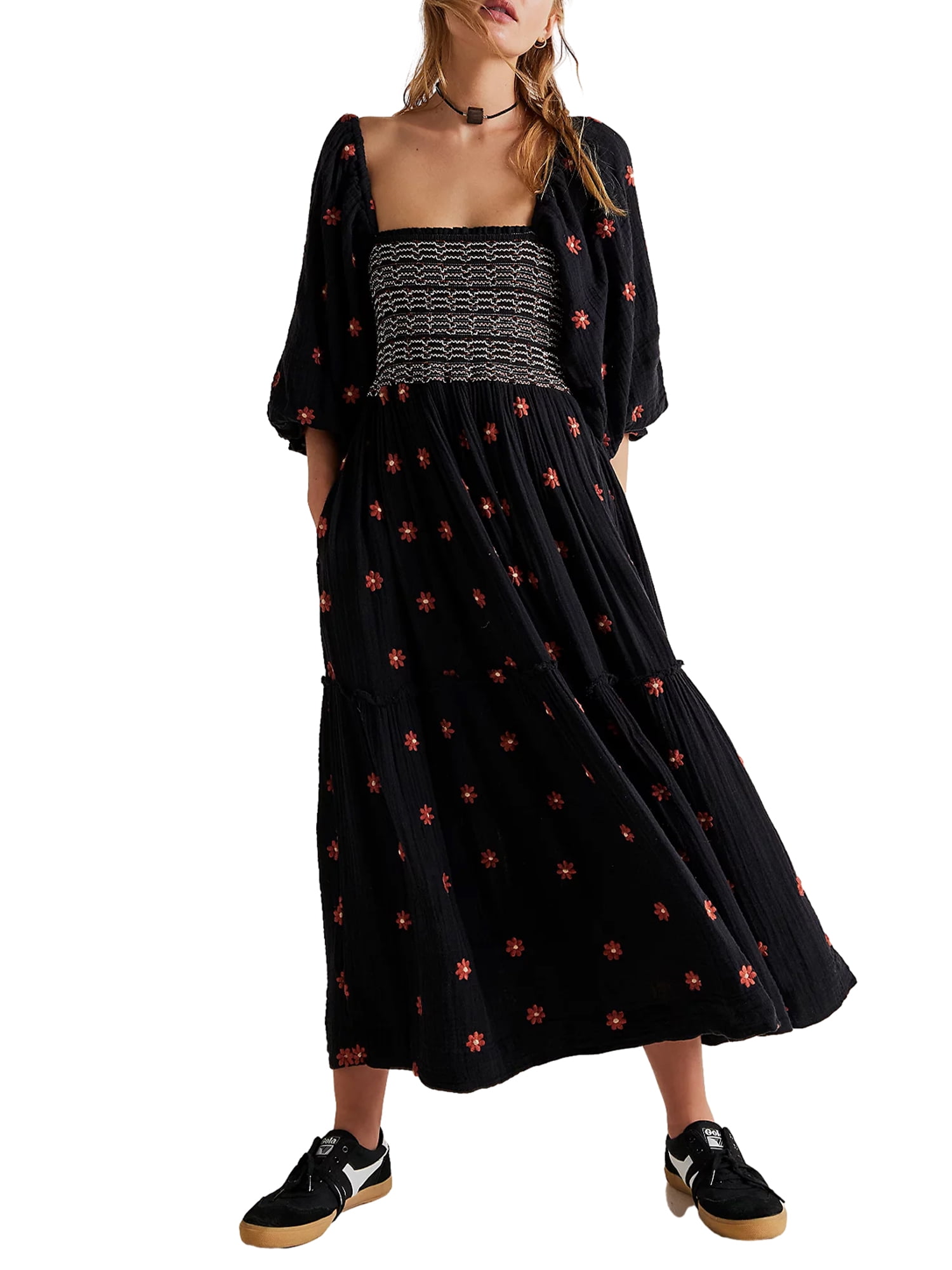 Eyicmarn Women Long Dress, Long Sleeve Dress Square Neck Embroidery ...