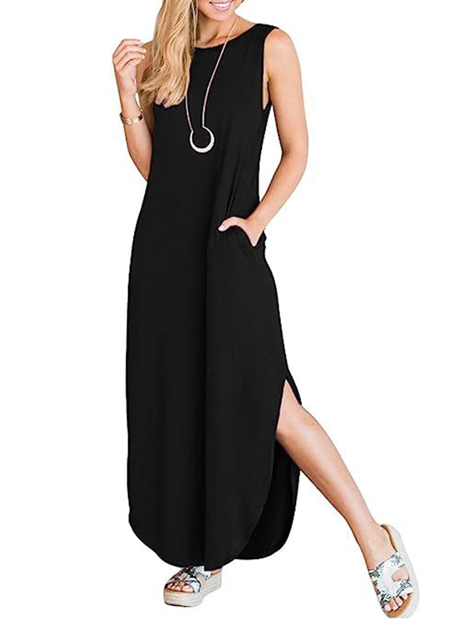 Eyicmarn Women Long Dress, Sleeveless Crew Neck Solid Loose Slit Dress ... Eyicmarn Women Long Dress, Sleeveless Crew Neck Solid Loose Slit Dress ...