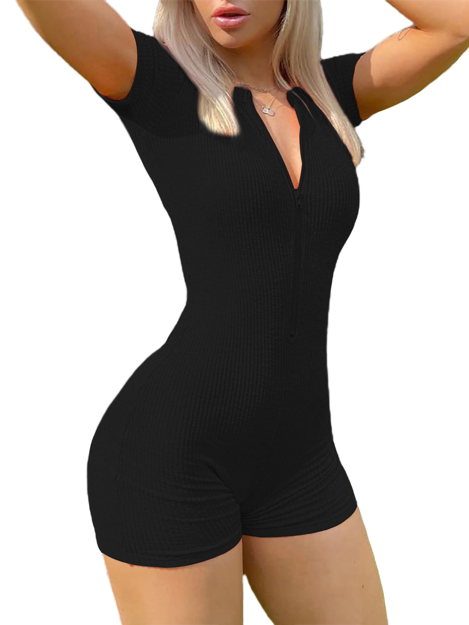 Eyicmarn Women Sleeping Romper, Short Sleeve V Neck Zipper Knitting ...