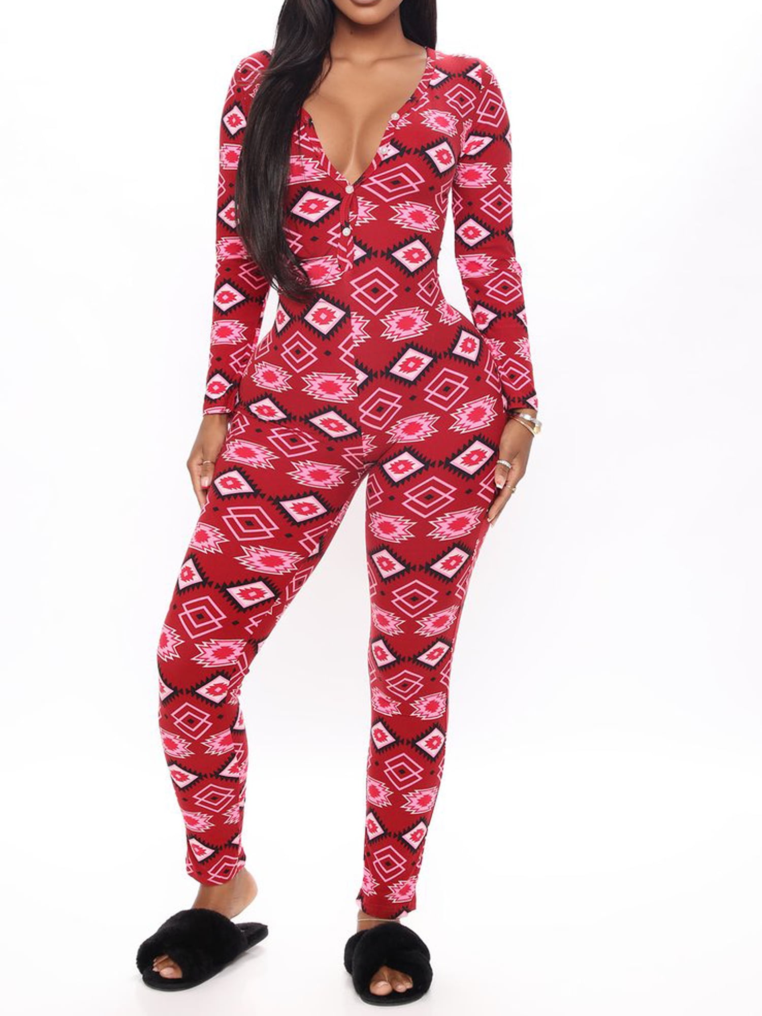 Eyicmarn Womens Sexy Deep V Neck Pajamas Onesie Bodycon Bodysuit Long
