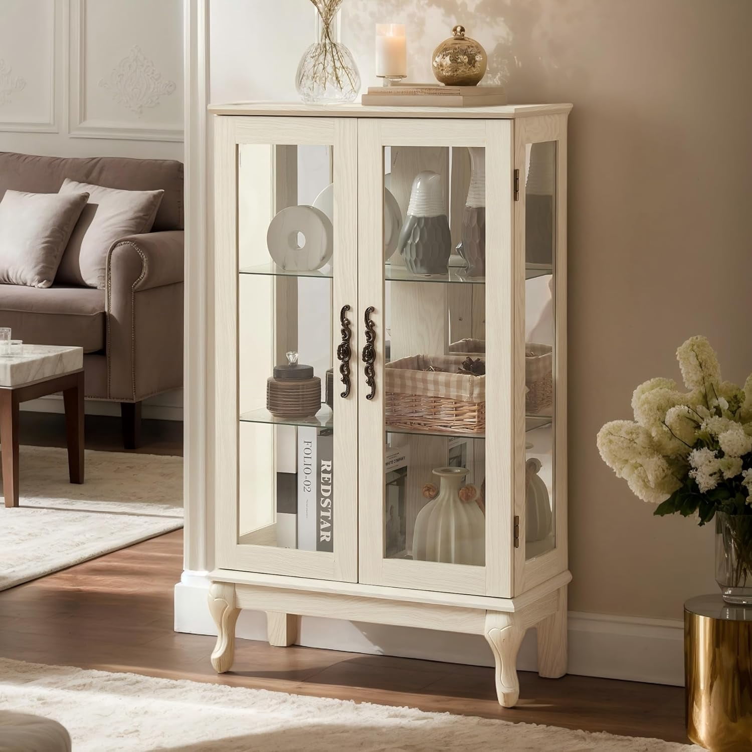 Eyisean 44" H Lighted Glass Display Cabinet with Glass Doors, Wooden ...