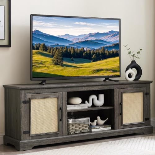 Eyisean 65" W Farmhouse Console Table for TVs Up to 70 Inches, Rattan ...