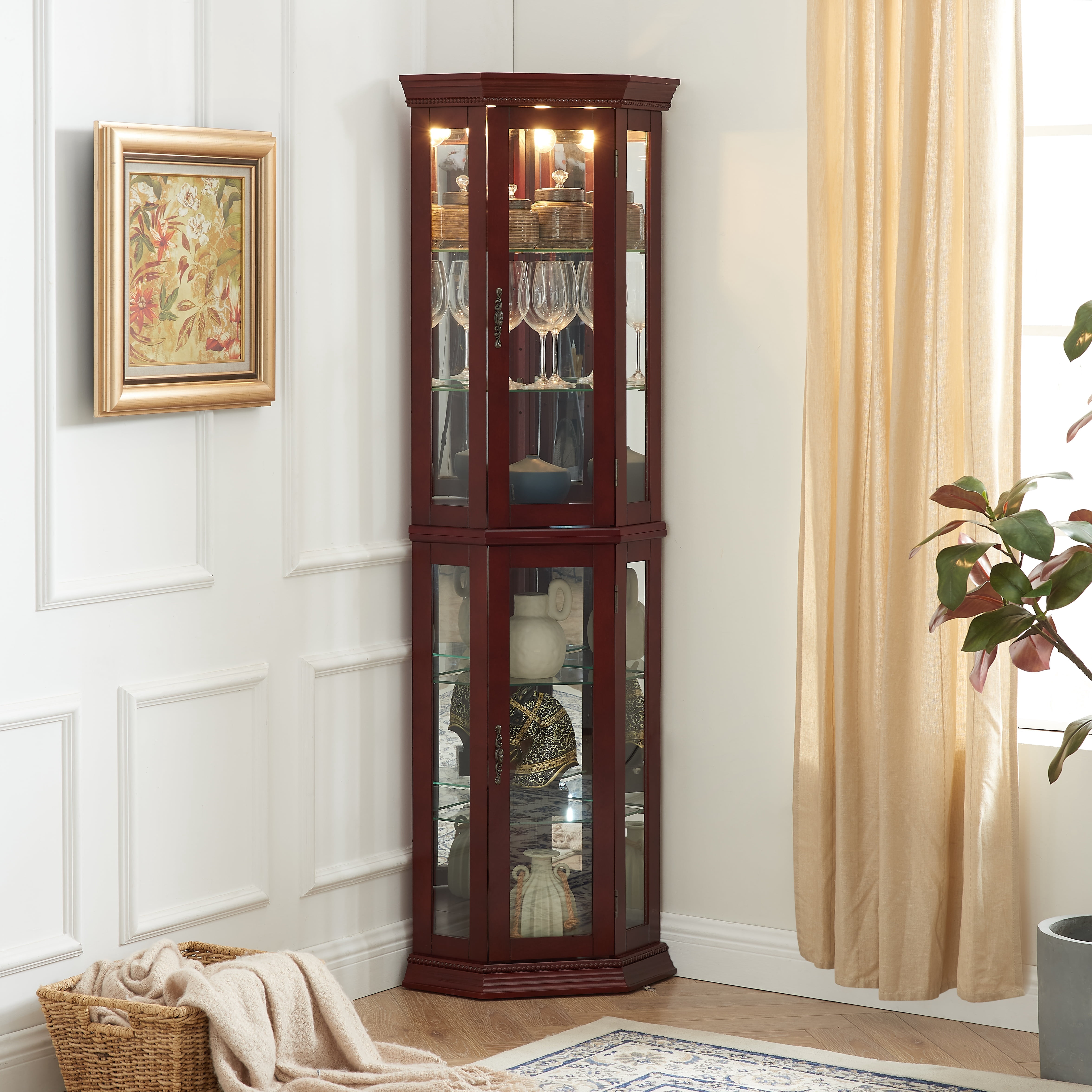 Eyisean 70" Vintage Lighted Corner Curio Cabinet, Glass Display Cage ...