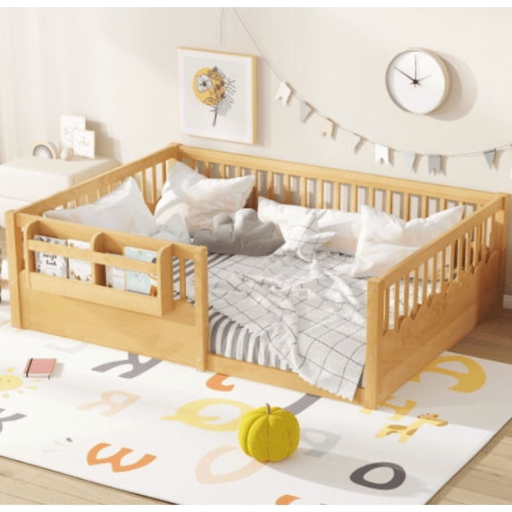 Eyisean Twin Floor Bed with Heightened Fence and Bookshelf, Twin Size ...