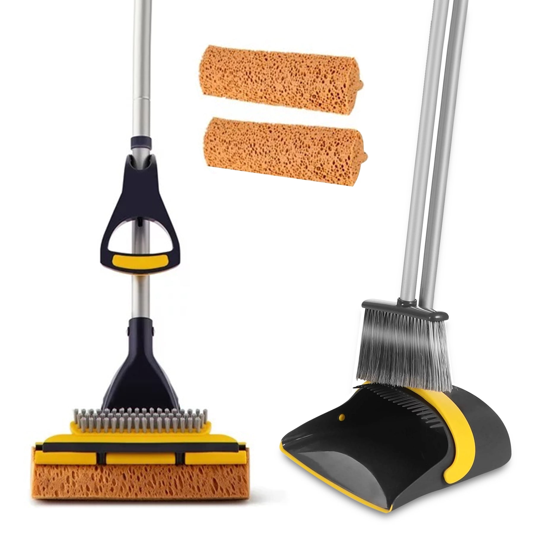 Eyliden Long Handle Sponge Mop, Broom and Dustpan Cleaning Set, Yellow ...