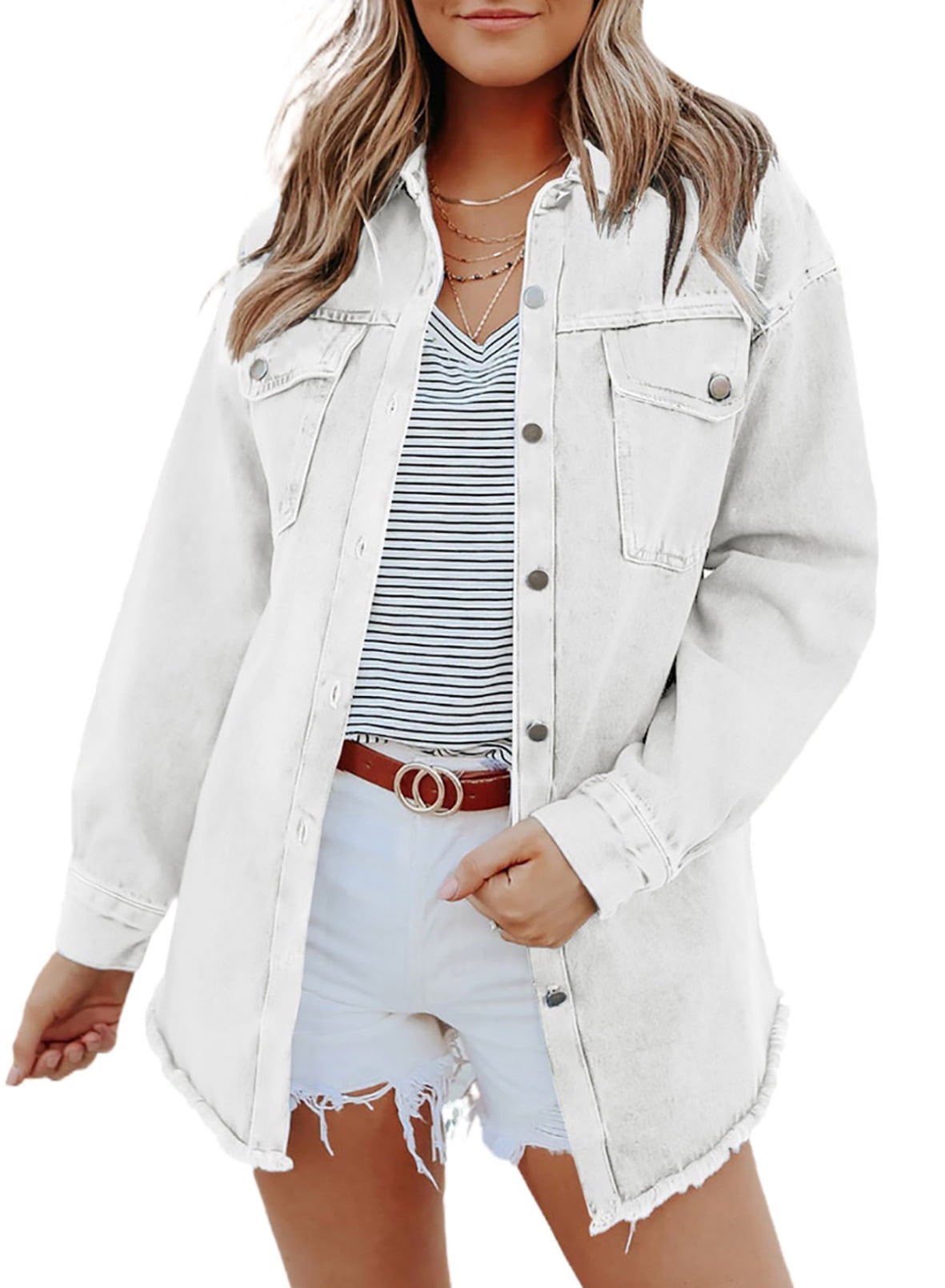 Eytino Denim Jacket for Women Long Sleeve Boyfriend Jean Jacket Loose Coat White S Female ...