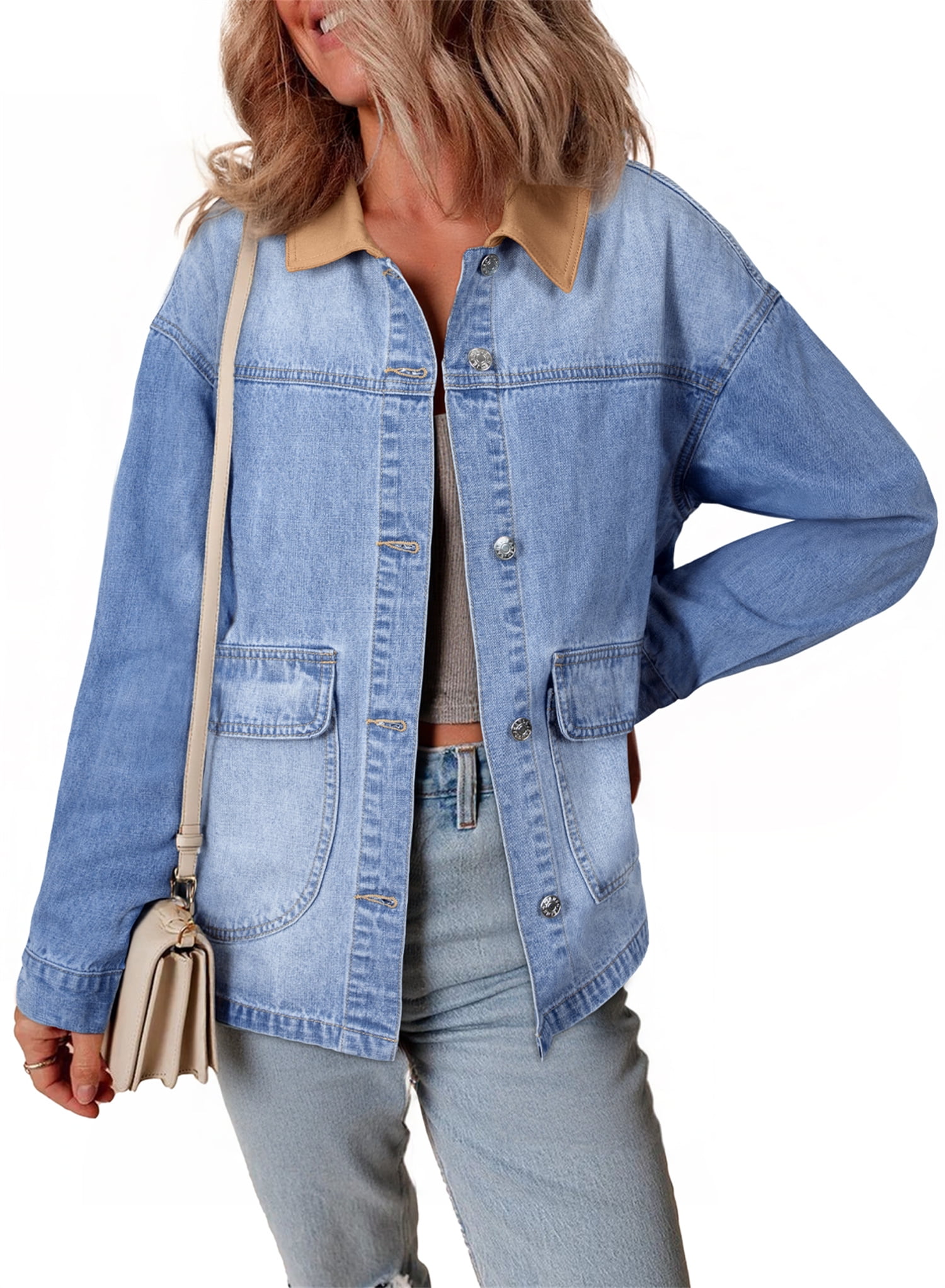 Eytino Denim Jacket Womens Oversized Jean Jacket Color Block Oversized ...