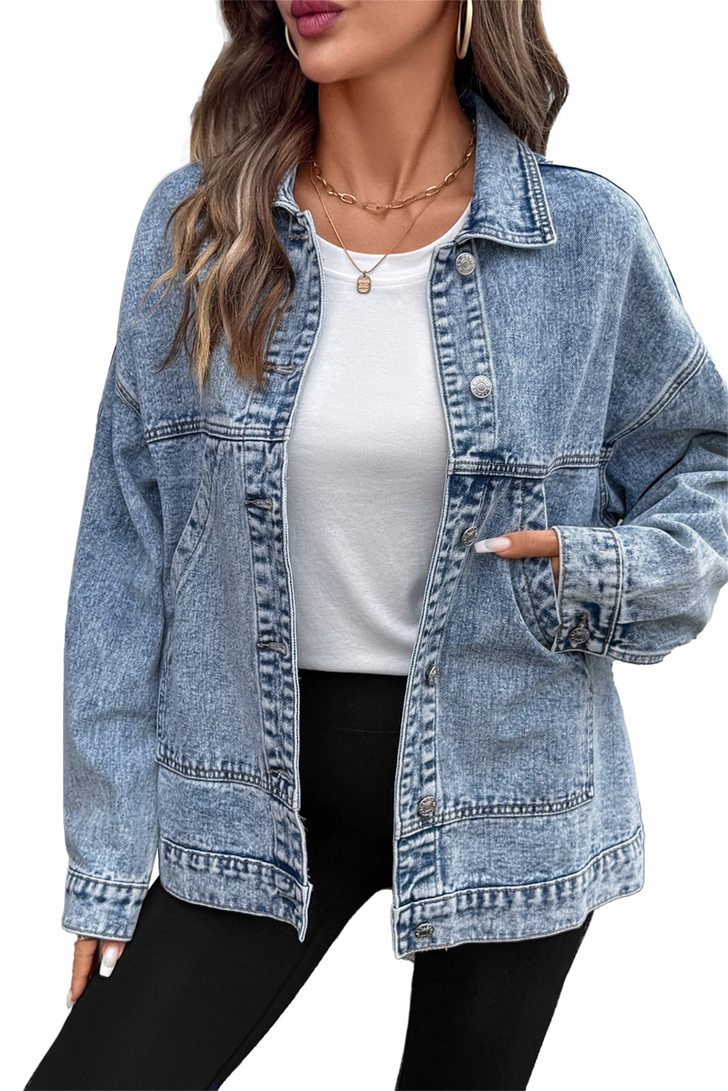 Eytino Denim Jackets for Women Oversized Casual Long Sleeve Drop ...