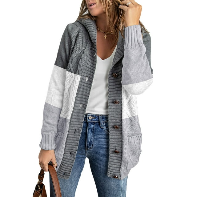 Eytino Hooded Cardigan Sweaters for Women Long Sleeve Button Down Knit ...