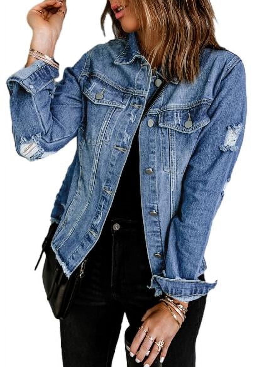 Eytino Jean Jacket Women Long Sleeve Button Down Distressed Denim ...