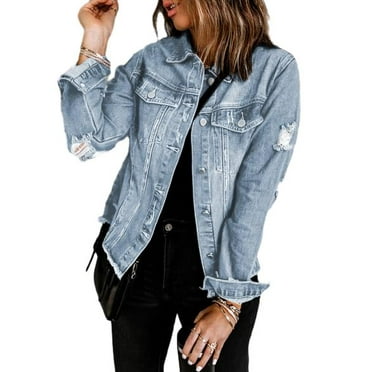 Eytino Women's Oversized Denim Jacket Casual Long Boyfriend Jean Jacket for Autumn Spring Green ...