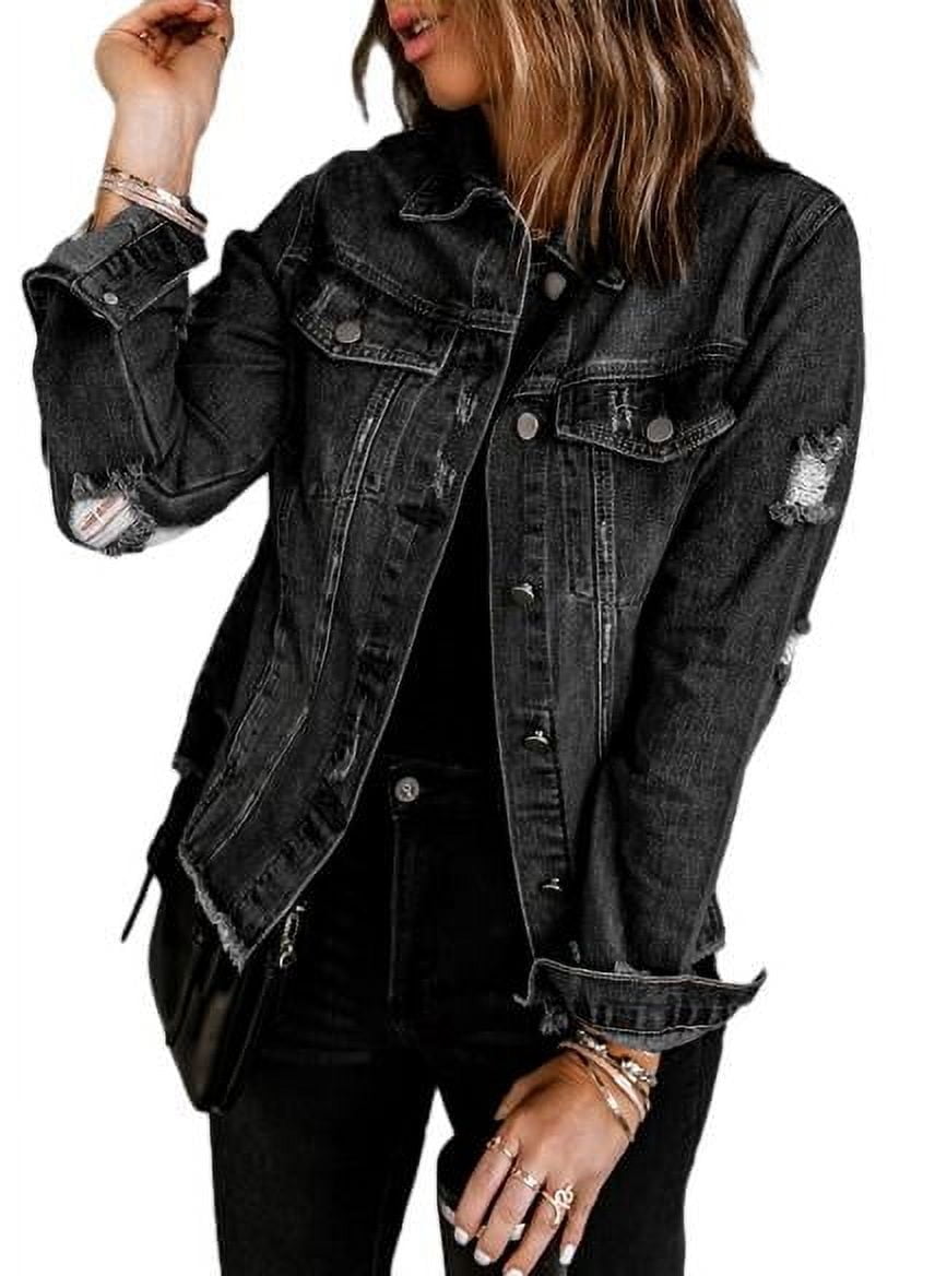 Eytino Jean Jackets for Women Long Sleeve Button Boyfriend Distressed Ripped Denim Jacket Coat ...