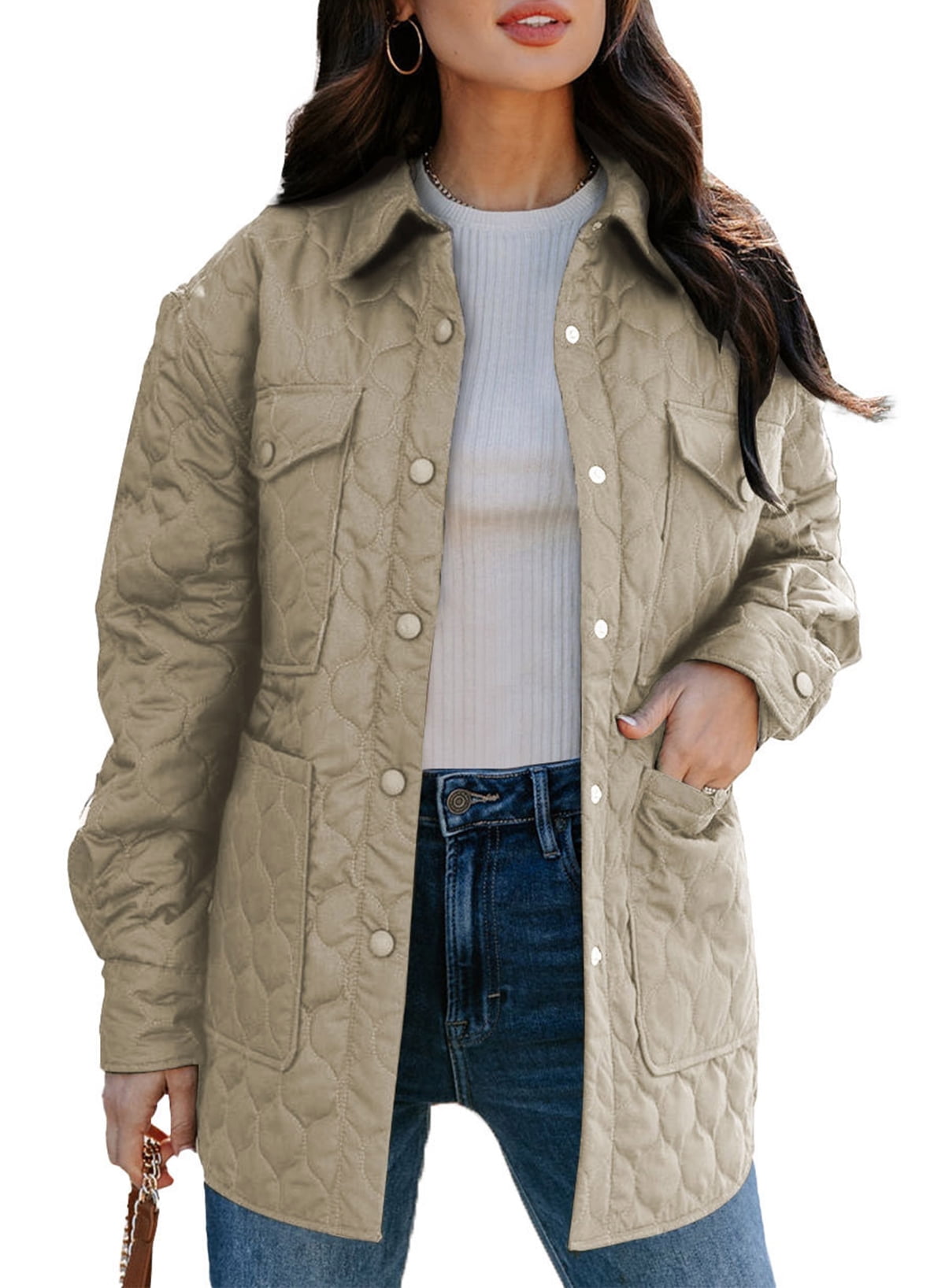 Eytino Quilted Jackets for Women Fall Jackets Casual Long Sleeve Button Down Puffer Jacket ...