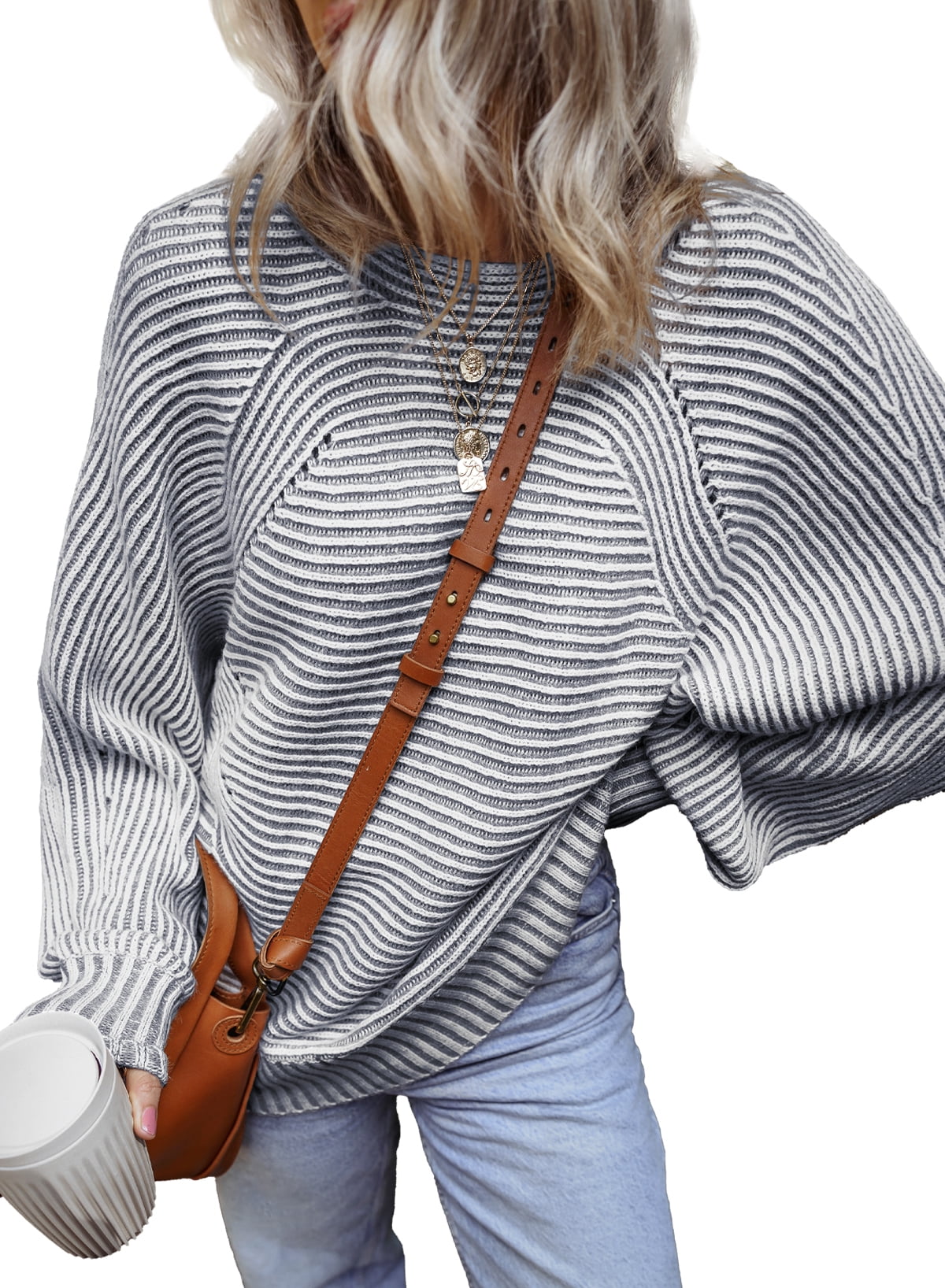 Eytino Pullover Sweaters for Women Striped Sweater Casual Long Sleeve ...