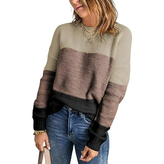 Eytino Sweater Womens Long Sleeve Sweaters Casual Crewneck Striped ...