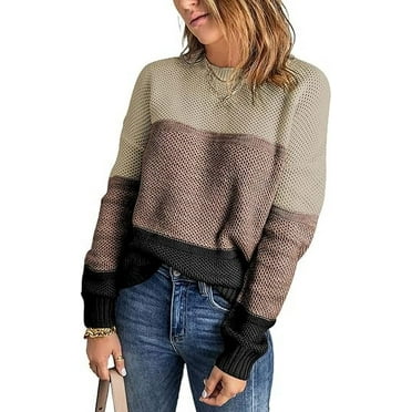 Womens Striped Color Block Sweater Long Sleeve Shirt Baggy Knit Trendy ...