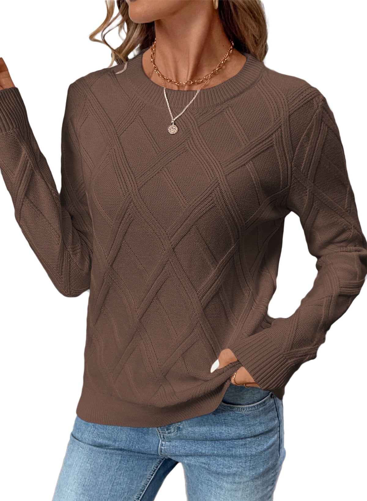 Eytino Sweater for Women Cable Knit Sweater Casual Crewneck Long Sleeve ...