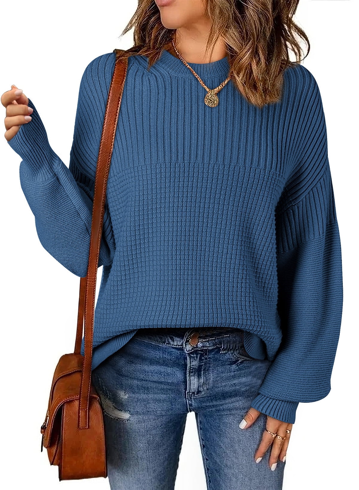 Eytino Womens Sweater Solid Cable Knit Pullover Sweaters Casual Long Lantern Sleeve Pullover ...