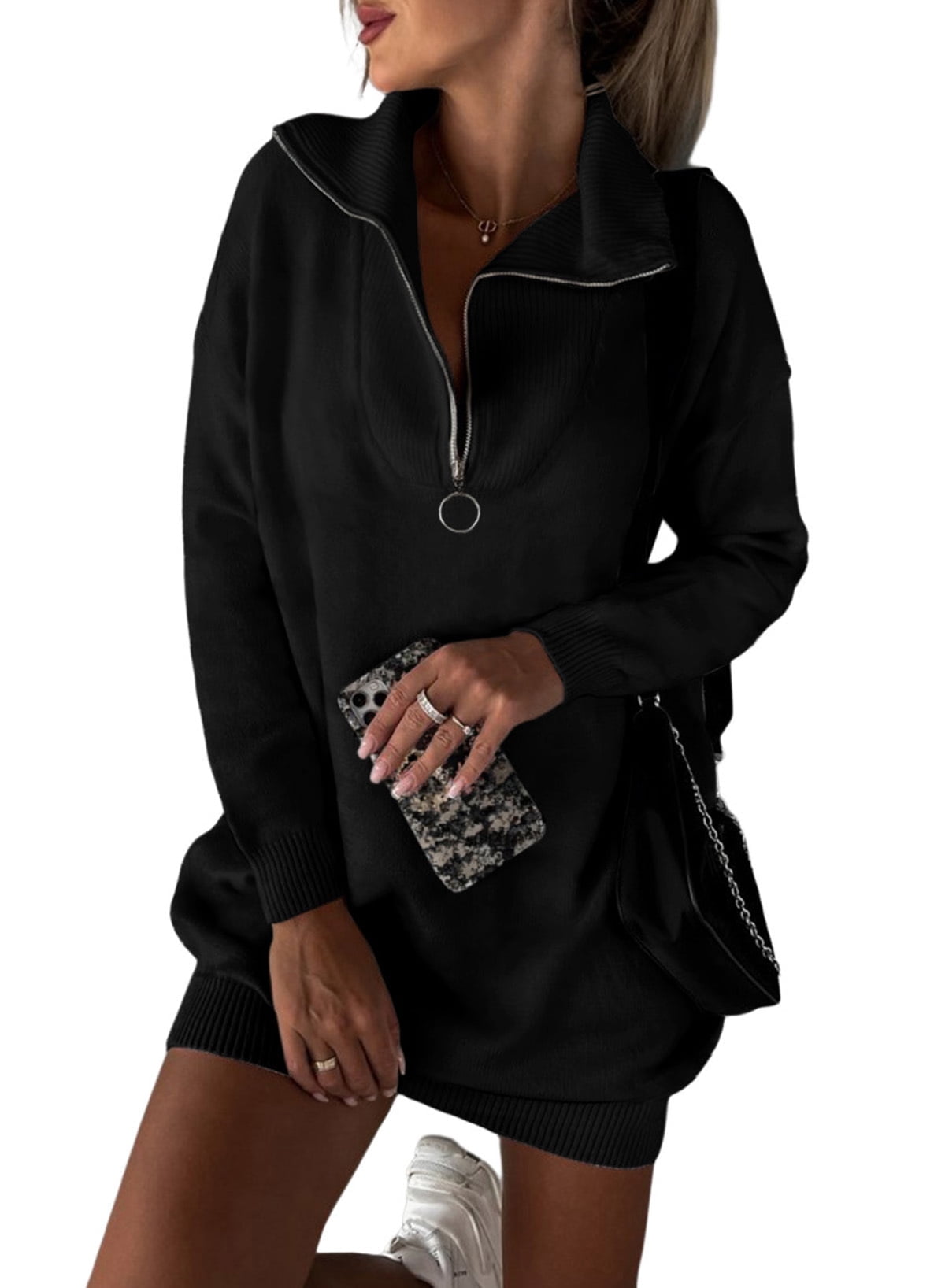 Eytino Women's Casual Sweater Dress 2024 Striped Half Zip Knitted Long ...