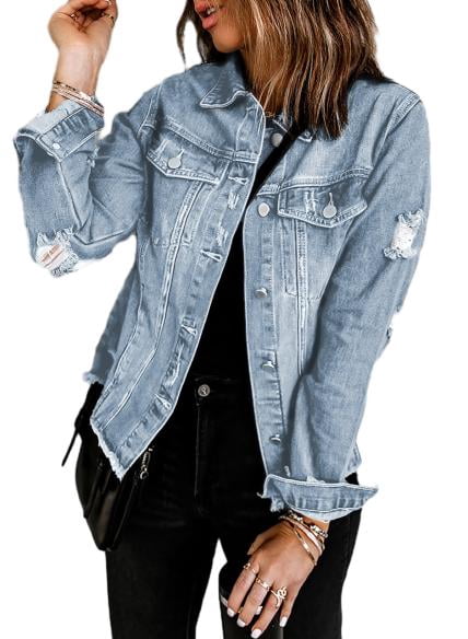 Eytino Women's Denim Jackets Long Sleeve Button Boyfriend Distressed ...