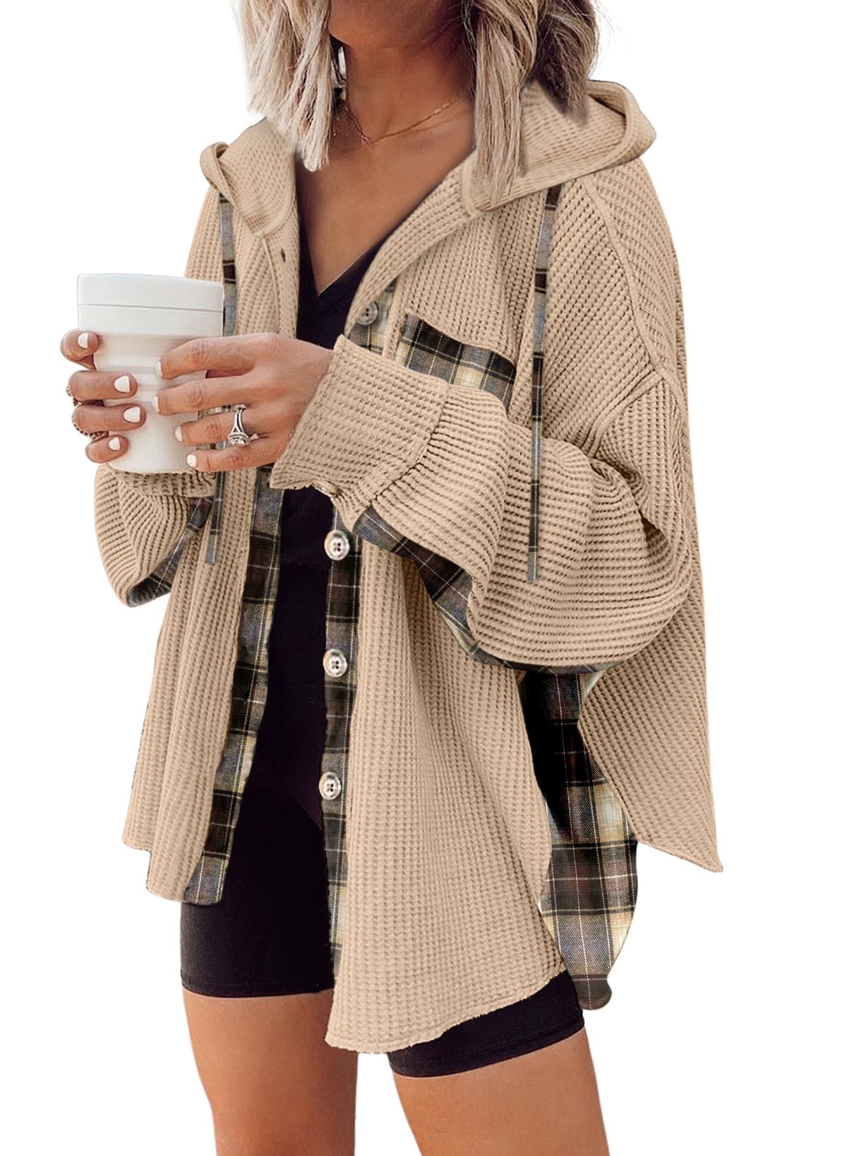 Eytino Shacket Women Waffle Knit Hooded Shacket Jacket Casual Long ...