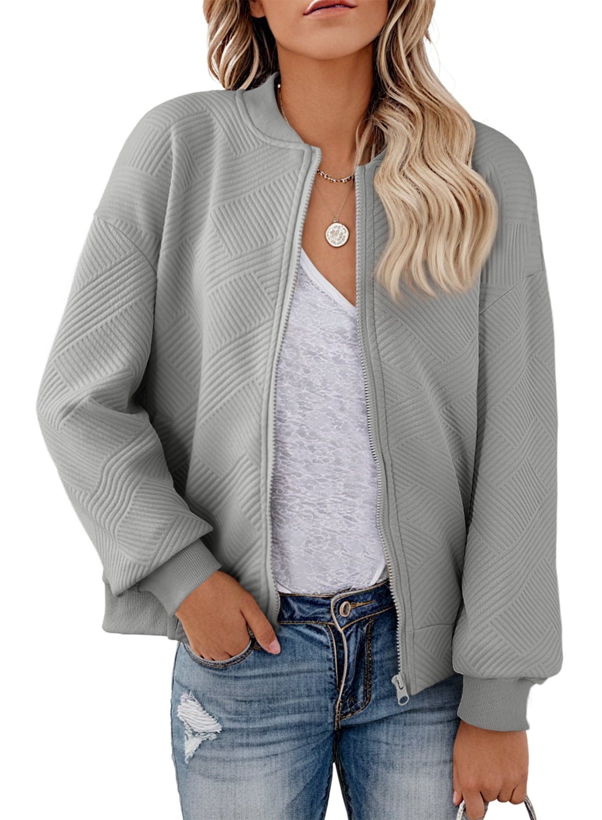 Eytino Womens Bomber Jacket Coat Casual Stand Collar Zip Up Lightweight Fashion Jackets with ...