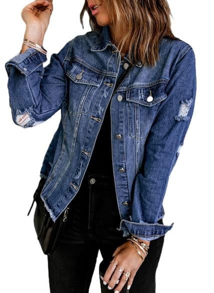 Eytino Womens Denim Jackets Long Sleeve Button Down Distressed Denim ...