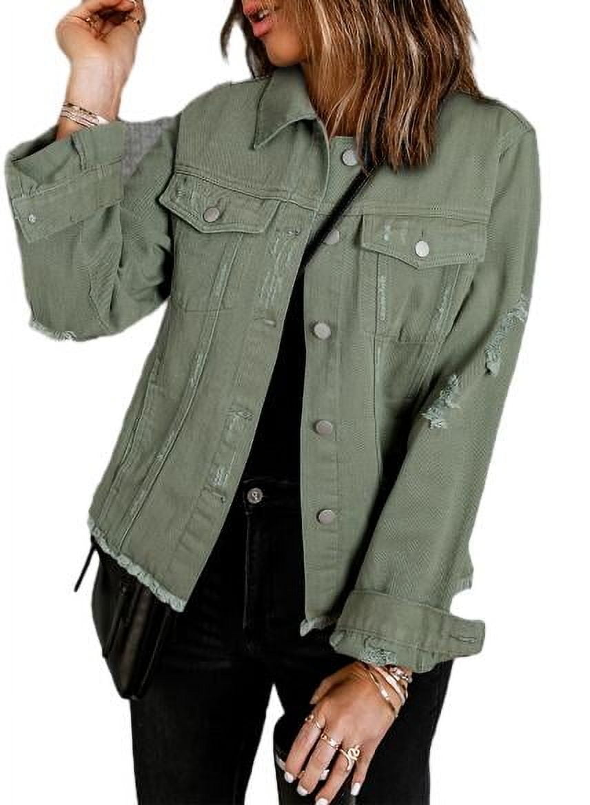Eytino Womens Denim Jackets Long Sleeve Button Down Distressed Denim ...