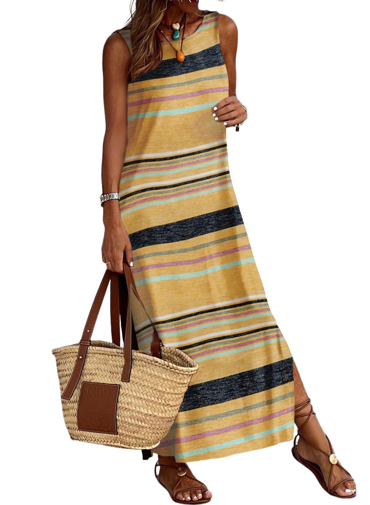 Eytino Women Dress Summer Sleeveless Striped Racerback Long Holiday ...