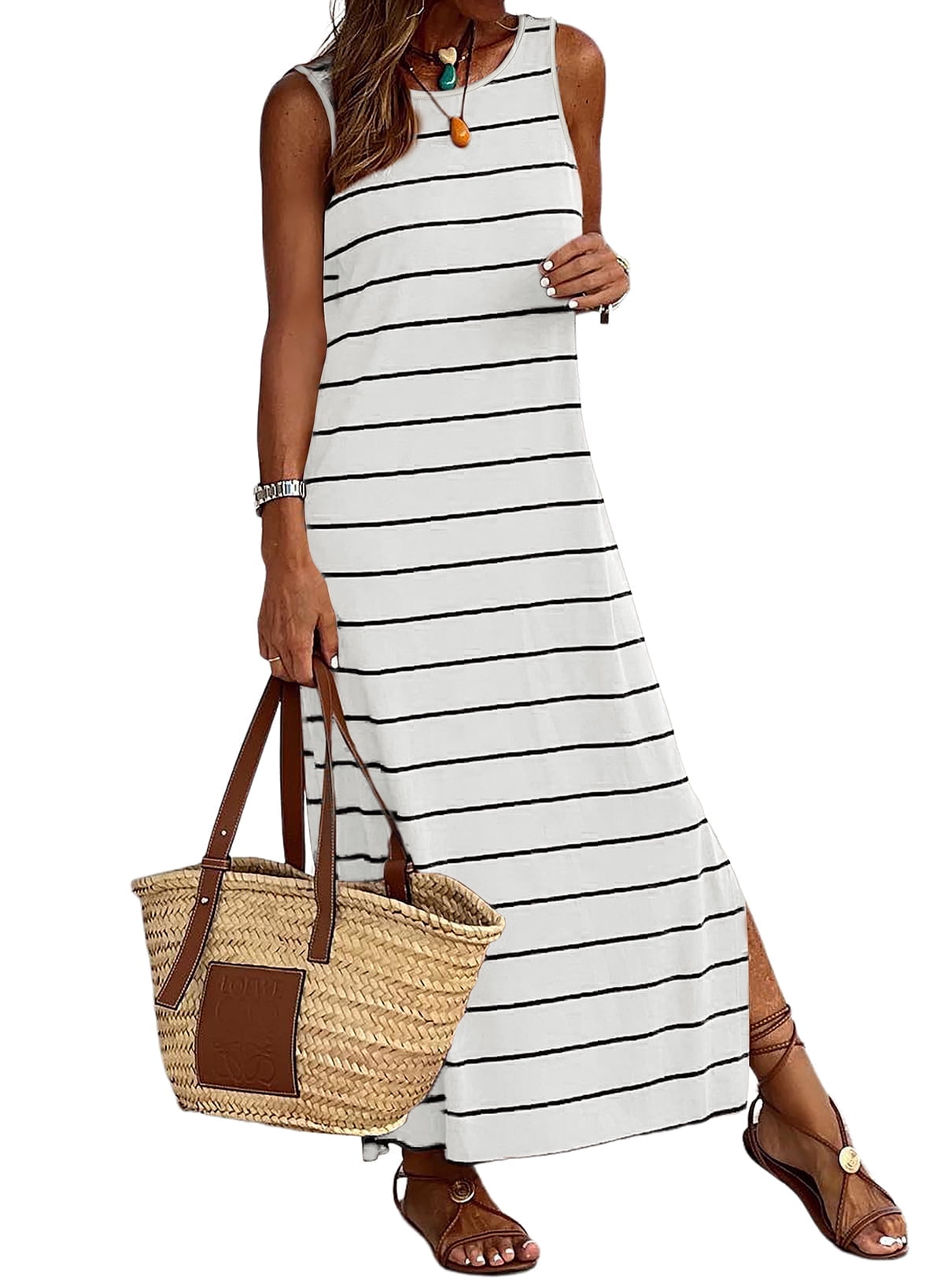 Eytino Womens Holiday Dress Sleeveless Round Neck Striped Maxi ...