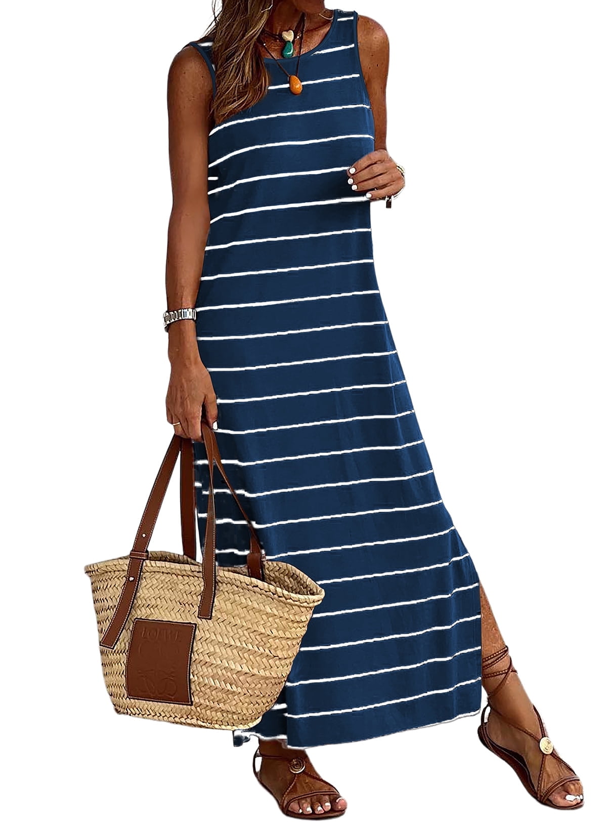 Eytino Womens Dresses Summer Sleeveless Striped Racerback Long Holiday ...