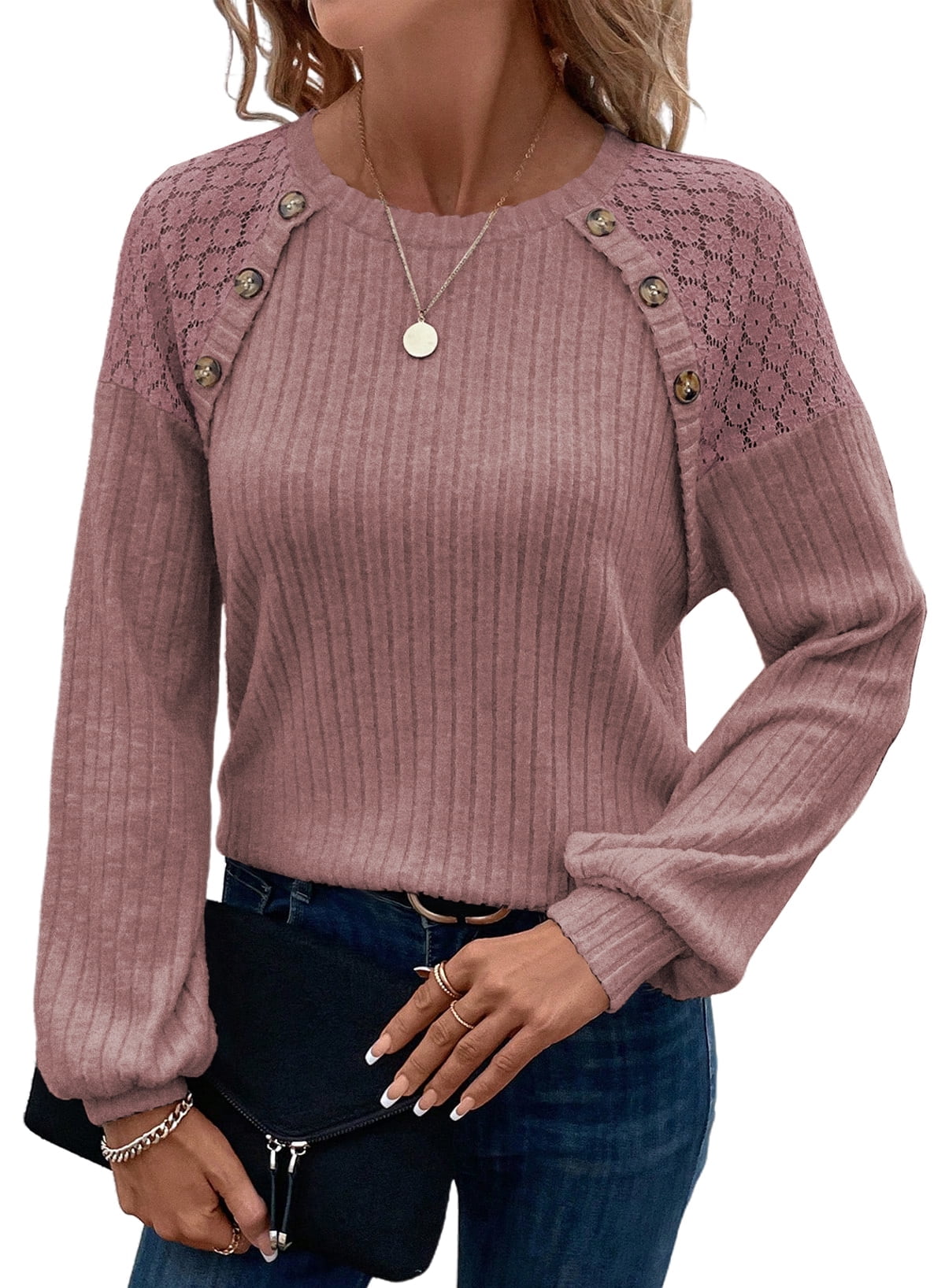 Eytino Sweaters for Women Lace Raglan Sleeve Button Blouses Casual Crew ...