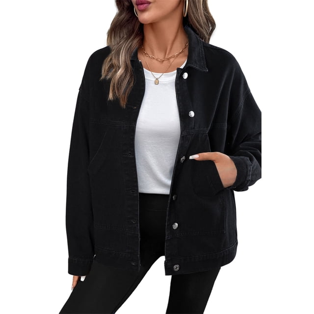 Eytino Womens Jean Jacket Denim Jackets Long Sleeve Oversized Button ...