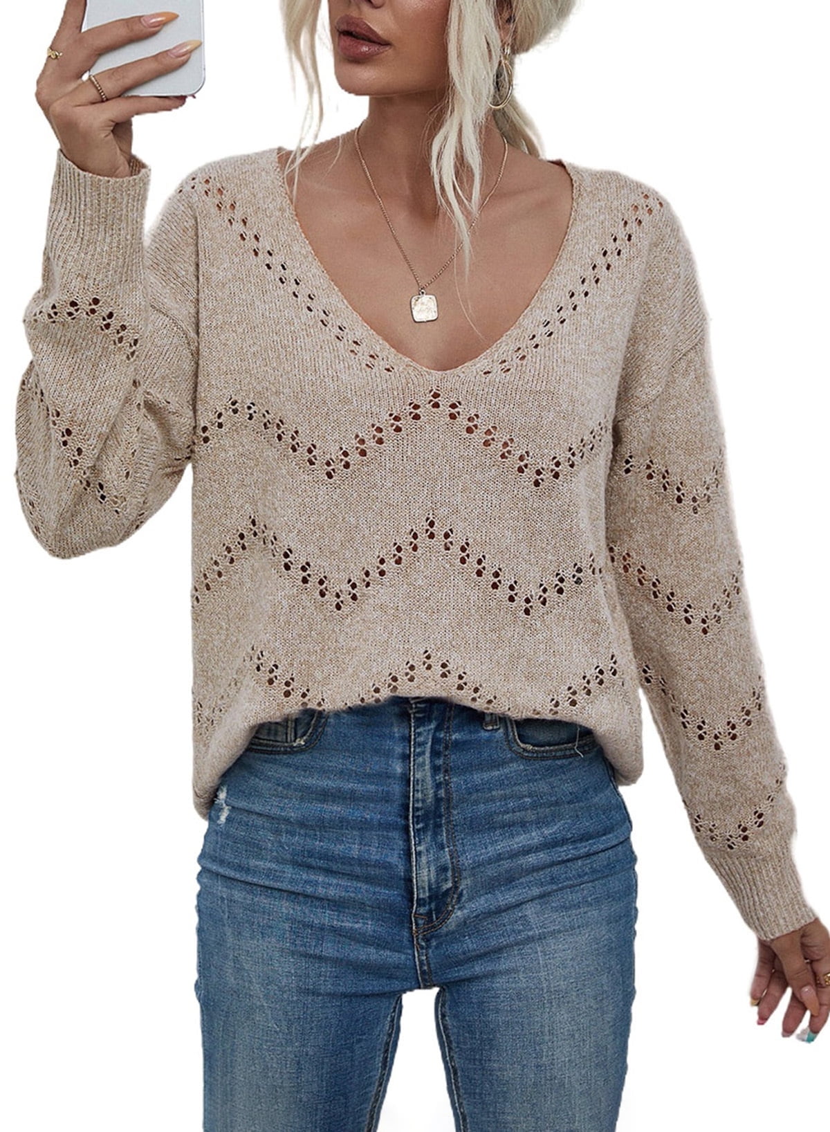 Eytino Womens Sweaters Crochet Hollow Out Sweaters Trendy Loose Fit V ...